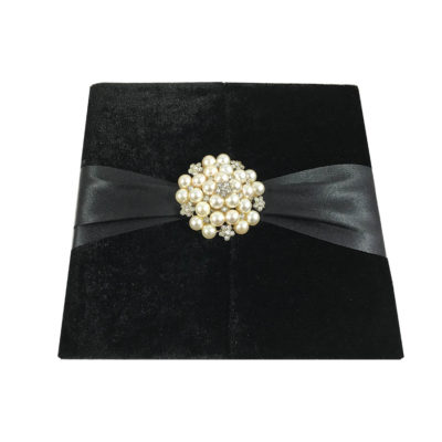 Black Velvet Pocket Folder Wedding Invitations With Pearl Brooch