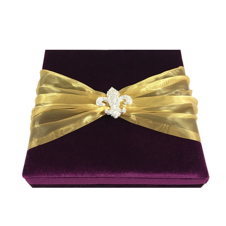 Royal Purple Velvet Fleur De Lis Embellished Invitation Box For Wedding