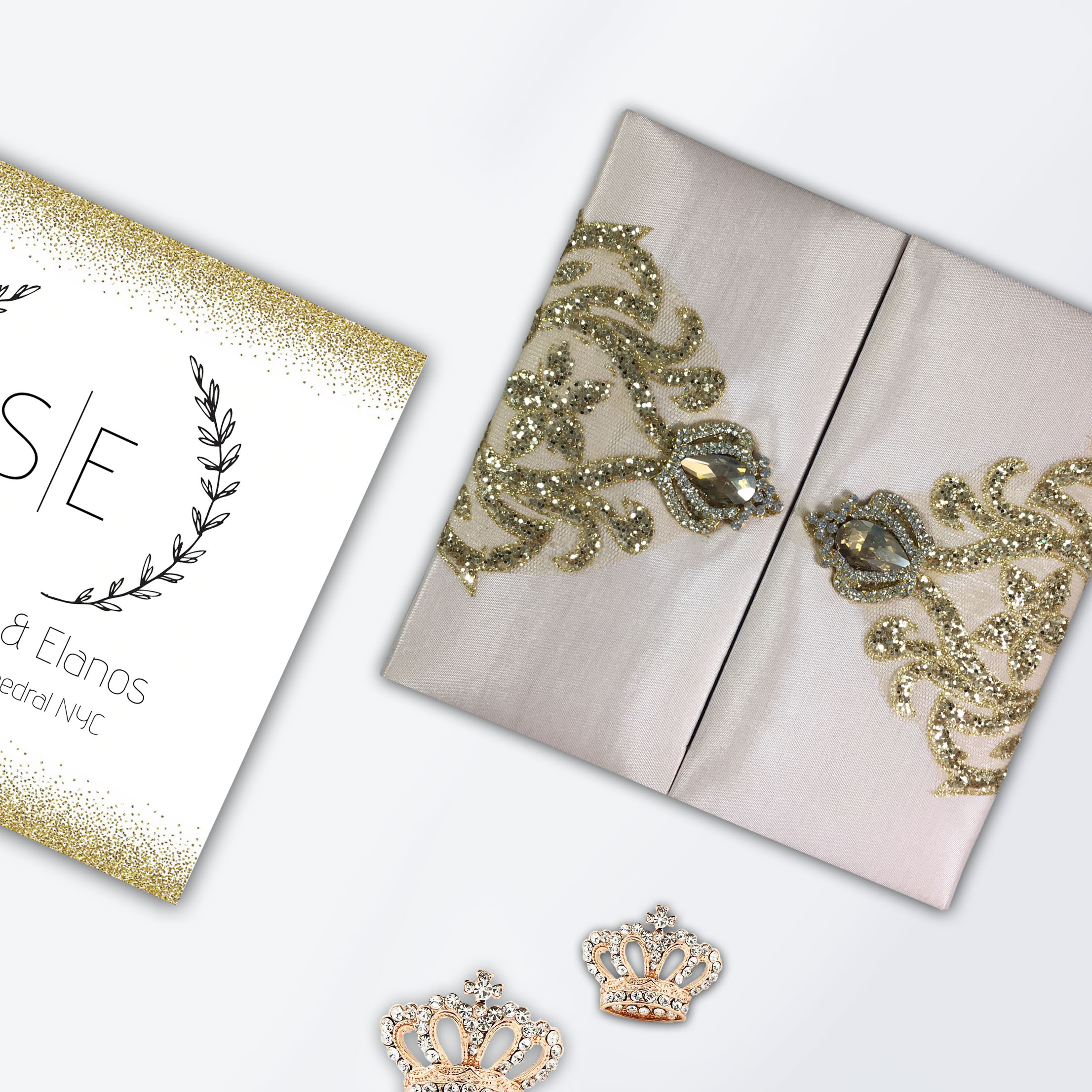 Golden Glitter Wedding Invitation Box With Blush Pink Silk Crown Brooch