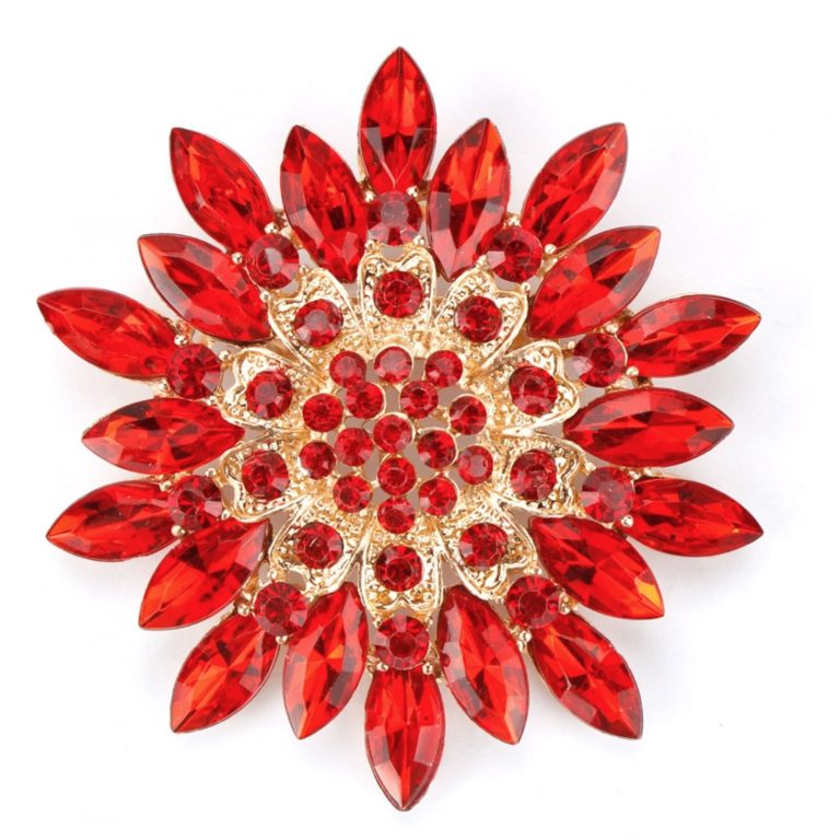 Gold Plated Flower Brooch with Light Siam Rhinestones