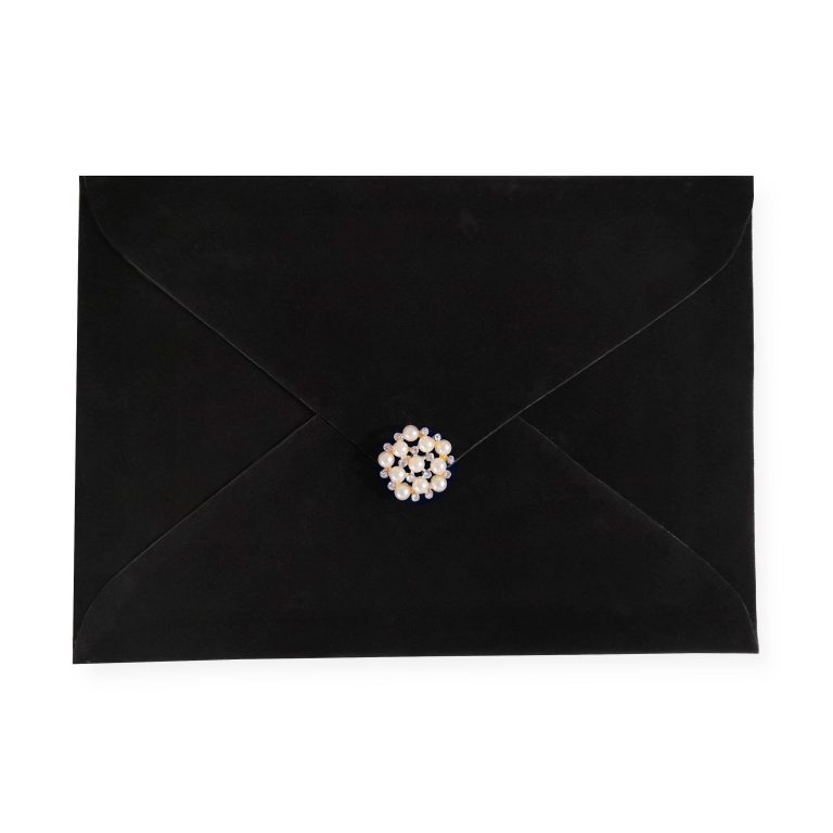 Custom Made Velvet Envelope With Pearl Brooch Embellishment