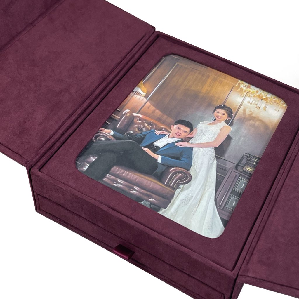 Burgundy Suede Drawer Invitation Box – Luxury Acrylic Card Box