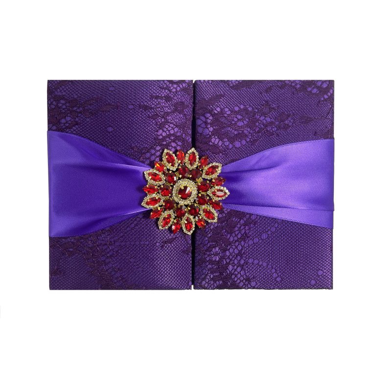 Red Hinged Lid Velvet Invitation Box Featuring Pearl Brooch